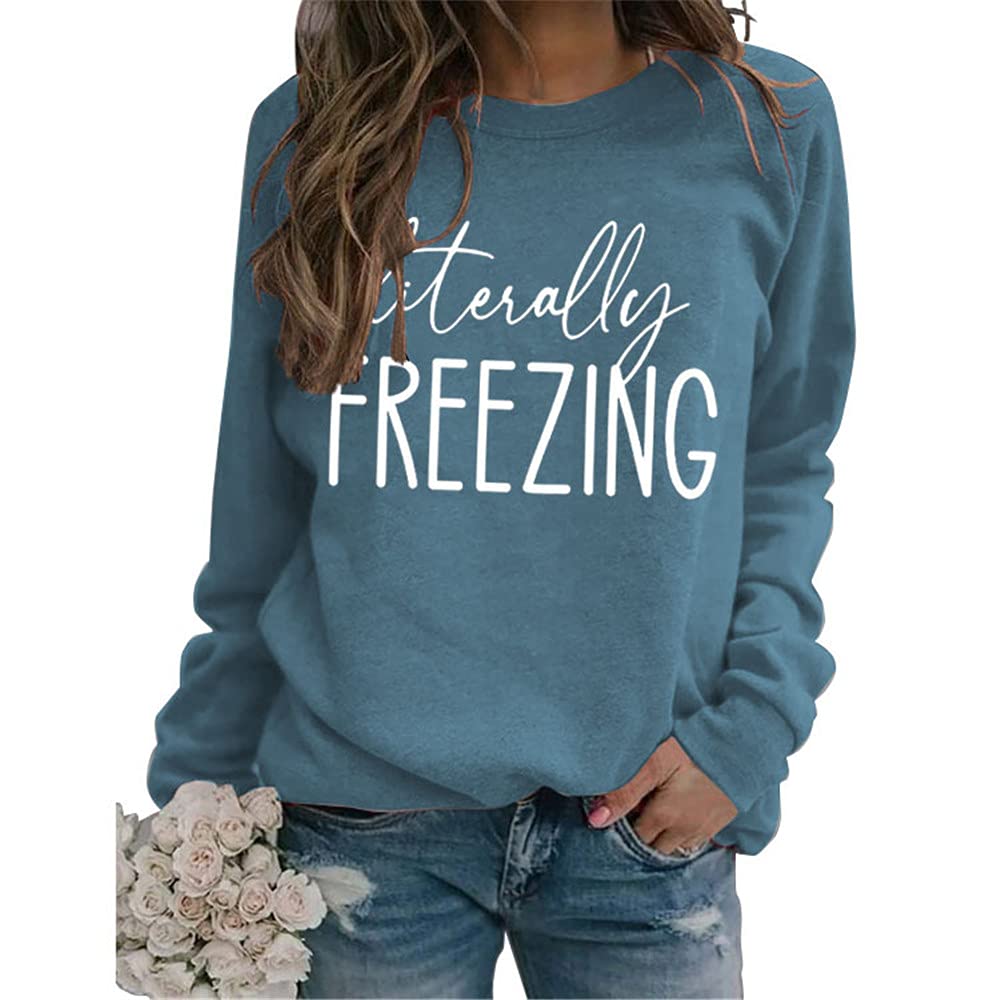 YLUP Women Crewneck Sweatshirts Freezing Print Long Sleeve Blouse Casual Loose Pullover Tops Blue, Medium