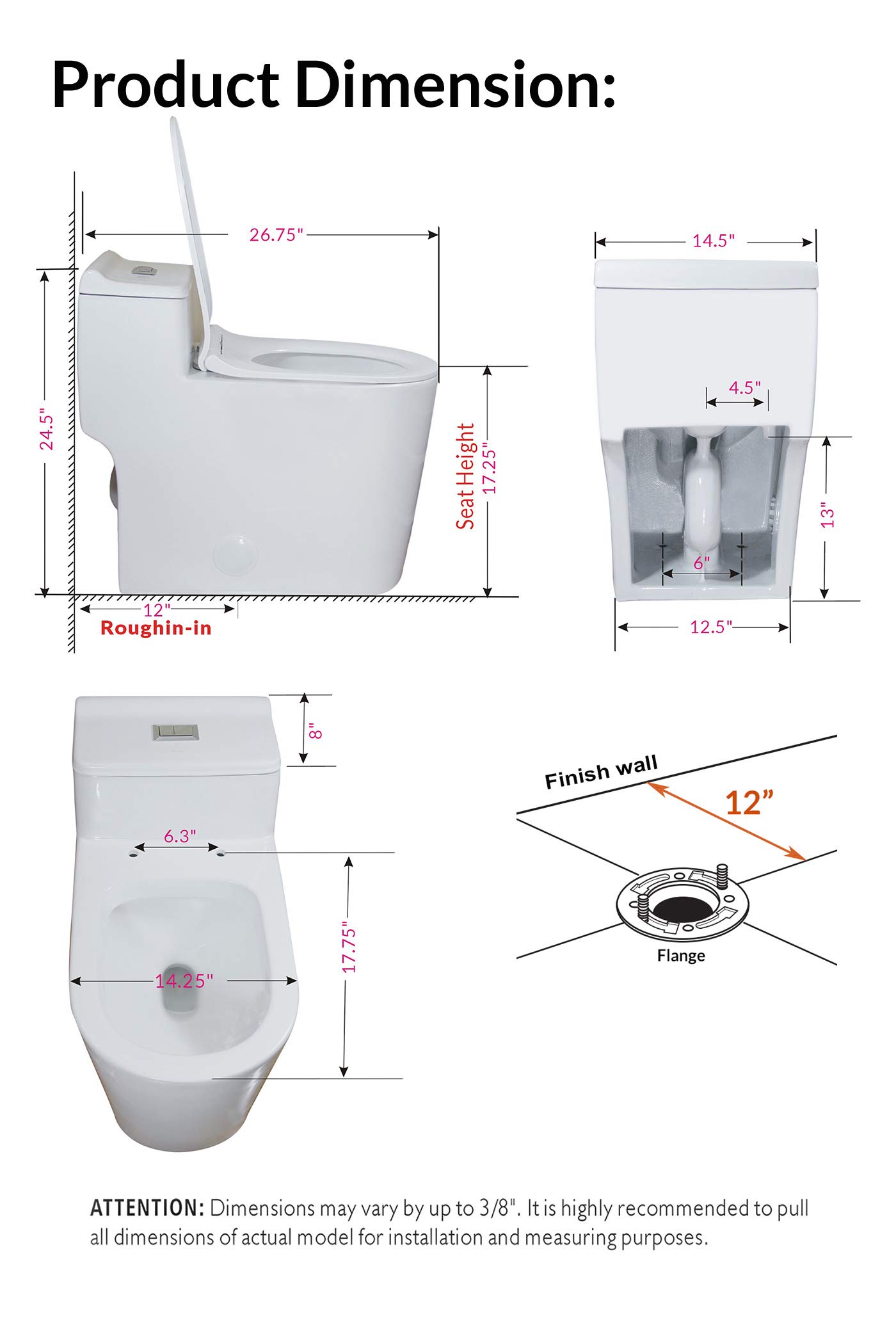 WinZo WZ5080 Elongated Dual Flush One Piece Toilet Low Profile 17.25" Comfortable Chair Height with Soft Closing Seat White