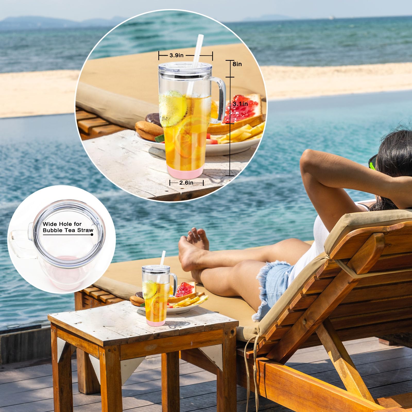 Zukro 32 oz Drinking Glass Tumbler with Handle, Iced Coffee Cup with Straw and Lid, Reusable Glass Bubble Tea Water Cup With Silicone Bumper, Fits In Cup Holder, Dishwasher Safe, BPA Free, Watermelon