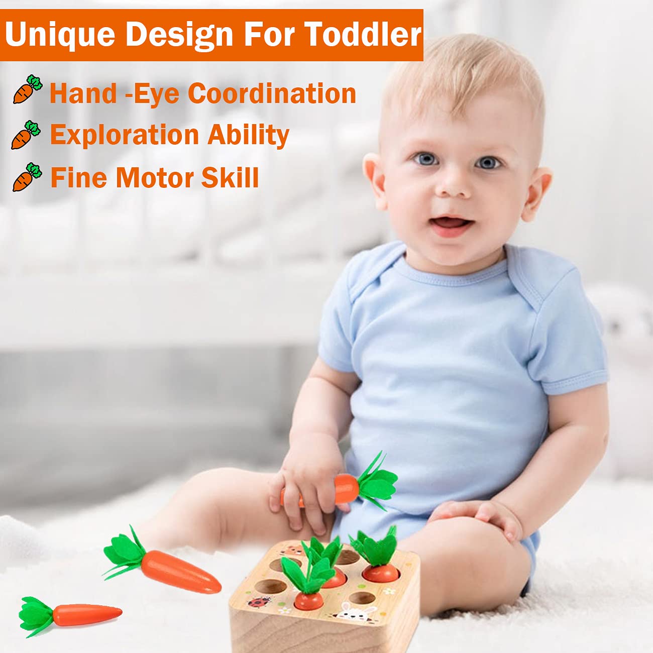 Wooden Montessori Toys for Toddlers 1-3 Years Old, Carrot Toys Shape Size Sorting Game, Baby Easter Toys for Fine Motor Skill, Great Baby Easter Gifts Birthday Gift Toys