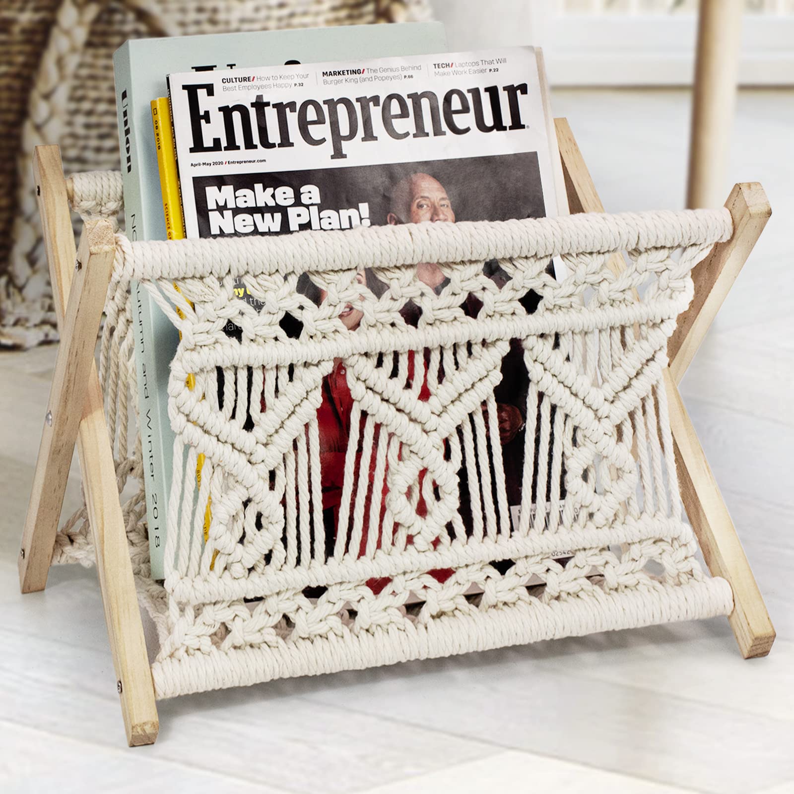 Sunlit Boho Magazine Holder, Decorative Macrame Books Magazines Rack, Towel Storage Basket, Rustic Home Decor for Bedroom Living Room Office, Bohemian Handmade Woven Goat Horn Pattern Room Decor