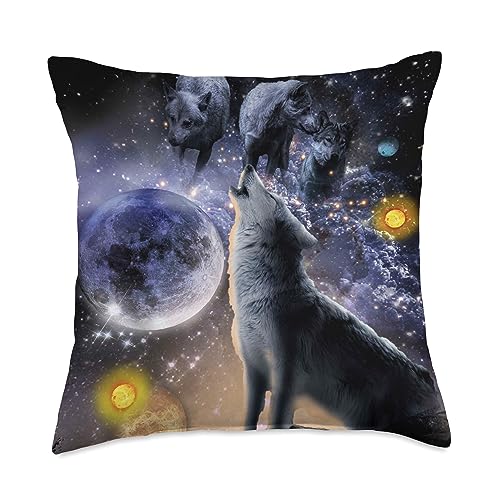 Random Galaxy Cosmic Space Wolf, Wolves Family Howling Throw Pillow, 18x18, Multicolor