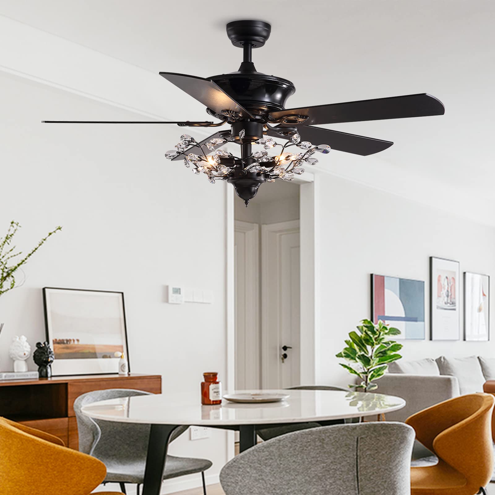 Siljoy 50" Reversible Crystal Ceiling Fan with Lights, Black Branches Ceiling Fan, 5 Wood Blades, Remote Control, Elegant Vintage Indoor Chandelier Fan Light Kit for Bedroom Dining Room