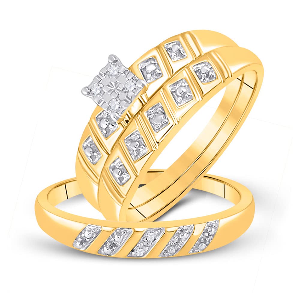 Sizes - L = 7.5, M = 11 - 10k Yellow Gold Diamond Round Center Wedding Mens And Ladies Couple His & Hers Trio 3 Three Ring Bridal Matching Engagement Wedding Ring Band Set (0.08 cttw.) - Please use drop down menu to select your desired ring sizes