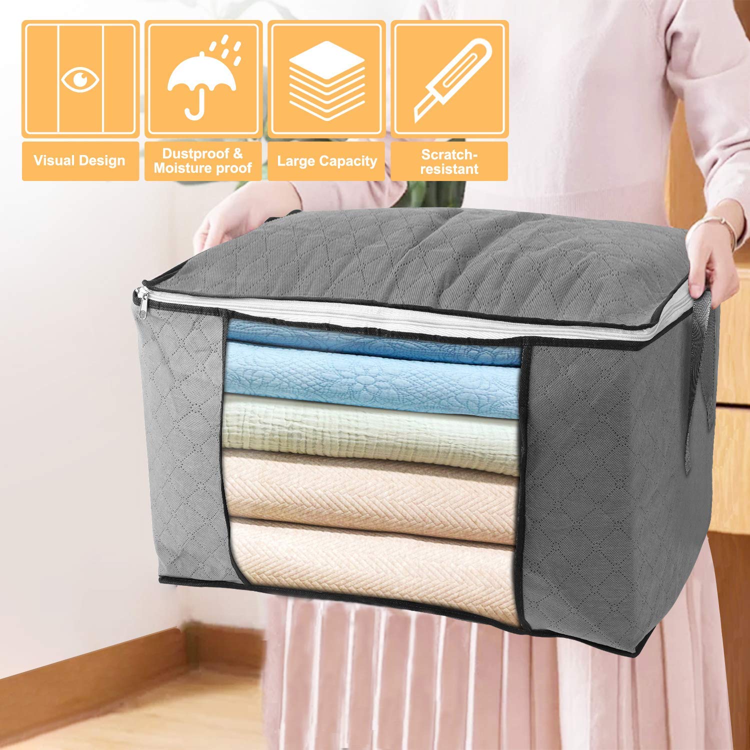 SAVICOS Large Foldable Clothes Storage Bag Organizer with Carry Handles,Sturdy Zipper, Clear Window for Clothes, Blankets, Closets, Bedrooms (3-Pack, Gray)