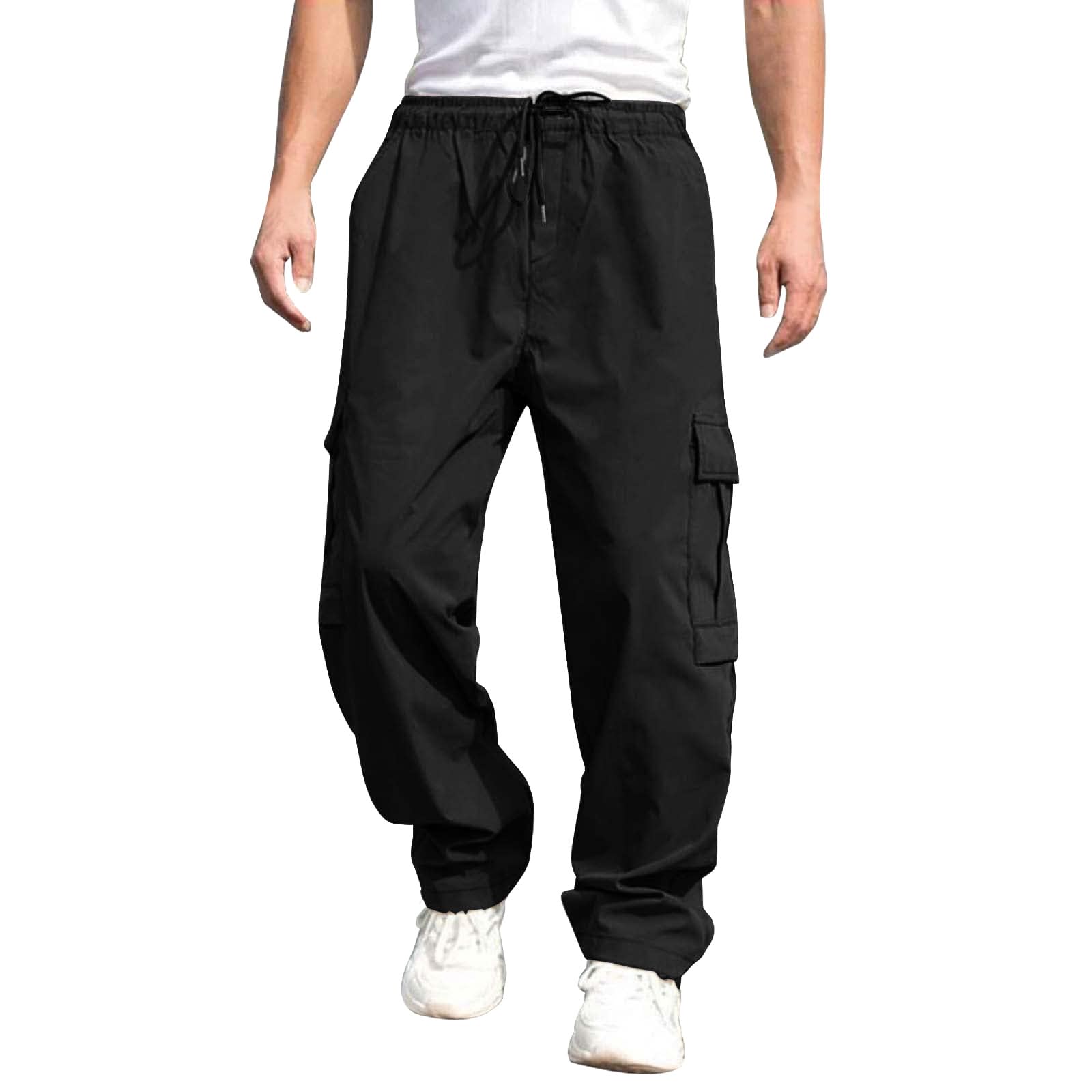 THWEI Mens Cargo Pants Casual Drawstring Joggers Cotton Work Sweatpants Outdoor Trousers Black S