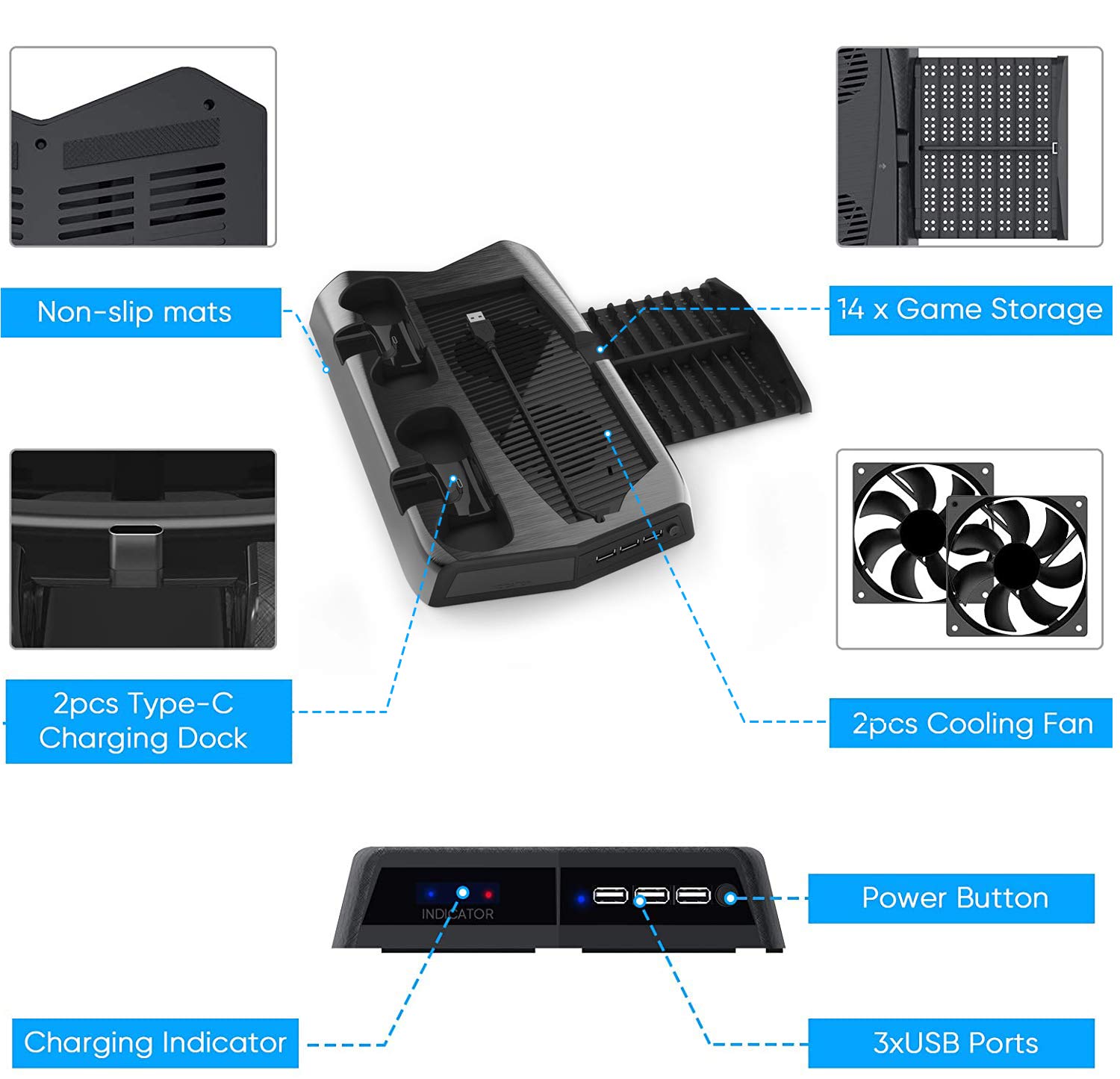Woolia Vertical Stand Cooling Fan Station for Playstation 5 Digital Edition/Ultra HD, PS5 Stand with 14 Retractable Game Slots & Organizer USB Ports & Dual Controller Charging Dock & LED Indicators
