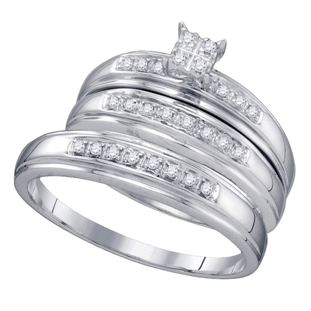 Sizes - L = 8, M = 8.5 - 10k White Gold Diamond Cluster Mens And Ladies Couple His & Hers Trio 3 Three Ring Bridal Matching Engagement Wedding Ring Band Set (1/5 cttw.) - Please use drop down menu to select your desired ring sizes