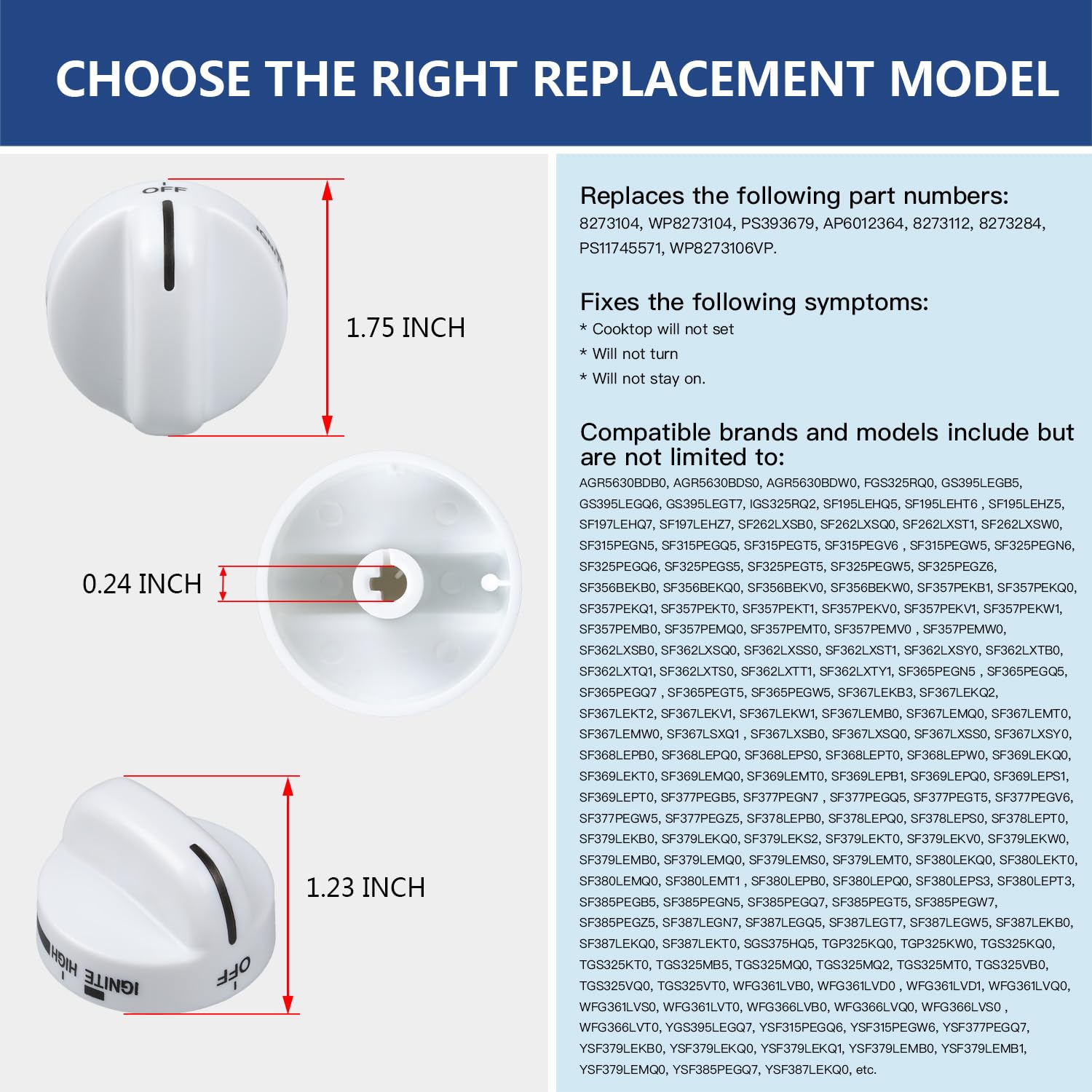 Range Burner Knob White 8273104, Gas Stove Knob Replacement Part Fit for Whirlpool & Sears - Replaces WP8273104 PS393679-4 Pack
