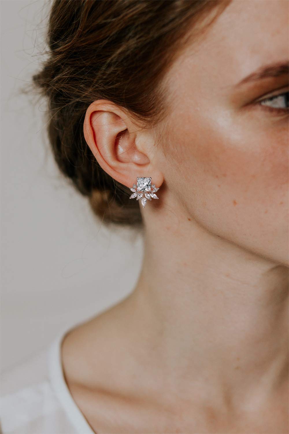 SWEETV CZ Cluster Bridal Wedding Bridesmaids Earrings, Crystal Stud Earrings for Women, Silver,Suitable for Ages 15+