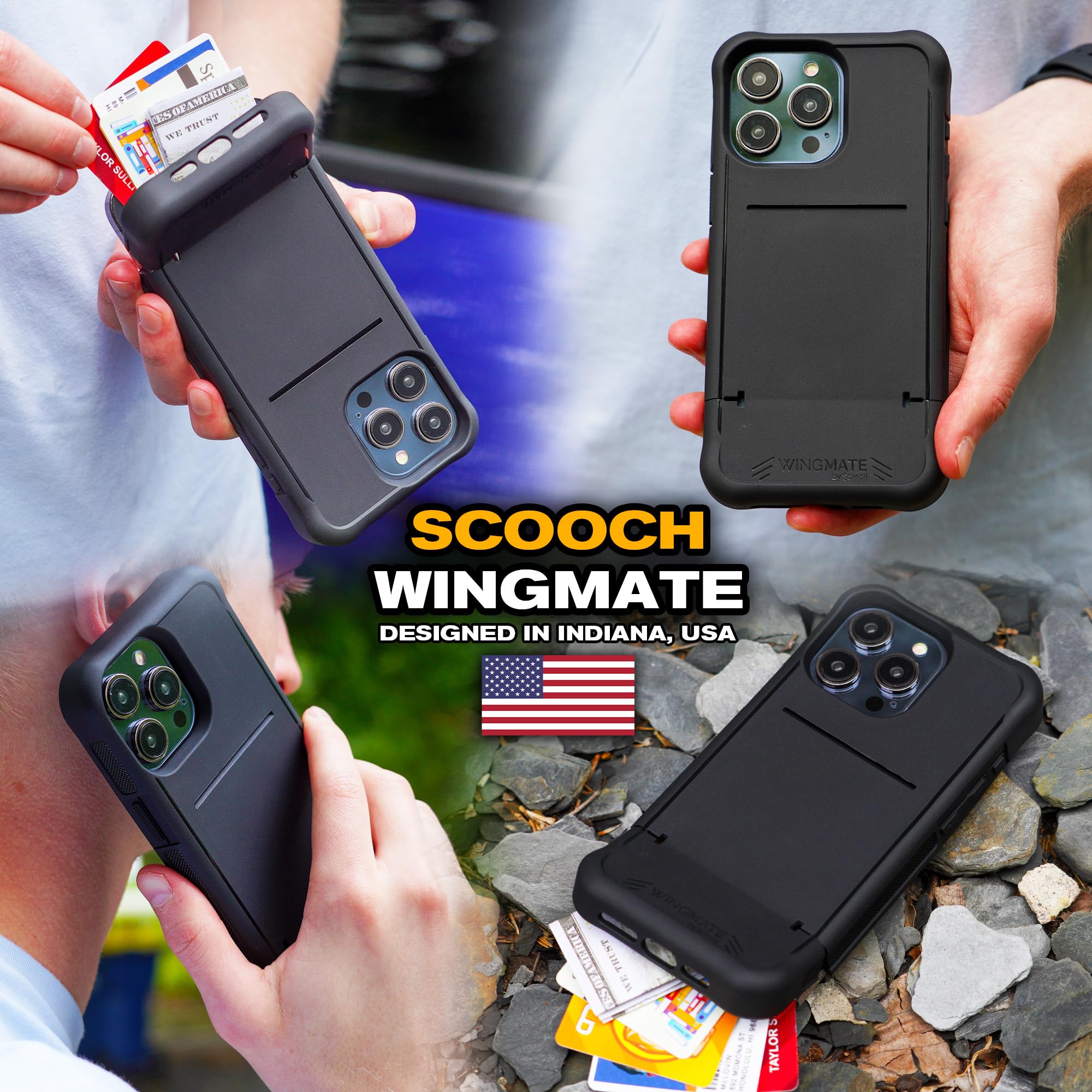 Scooch iPhone 15 Pro Max Case with Card Holder, Wingmate for iPhone 15 Pro Max Wallet Case with Hidden Card Slot and RFID Protection, Holds up to 4 Cards, Military Drop Protection, Black