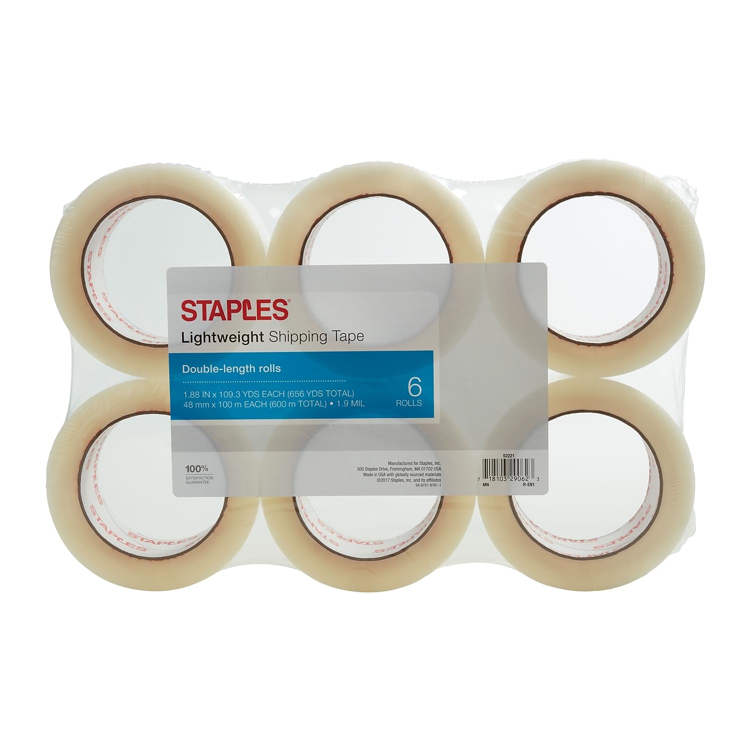 Staples 815059 Packing Tape 3-Inch Core Clear 1.88-Inch X 109.4 Yards 6/Pk
