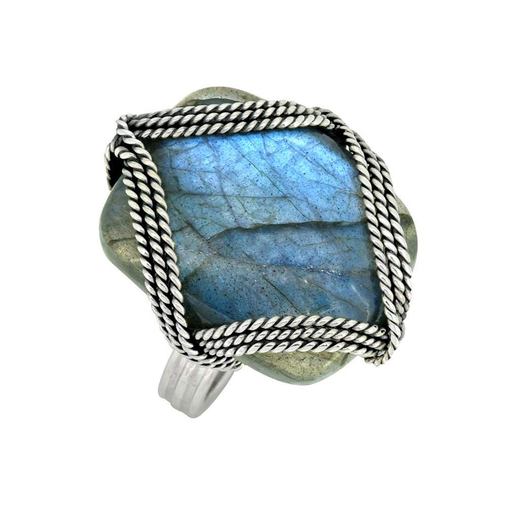 YoTreasure Natural Labradorite Solid 925 Sterling Silver Twisted Wire Wrap Antique Ring