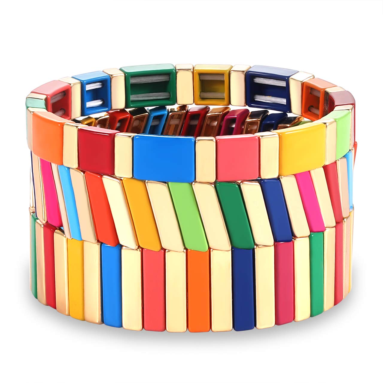 YAHPERN Enamel Tile Bracelet Set Multicolor Rainbow Tila Elastic Stretch Bracelets Bohemian Colorblocks Beaded Stackable Bangle Bracelet For Woman (Style: A)