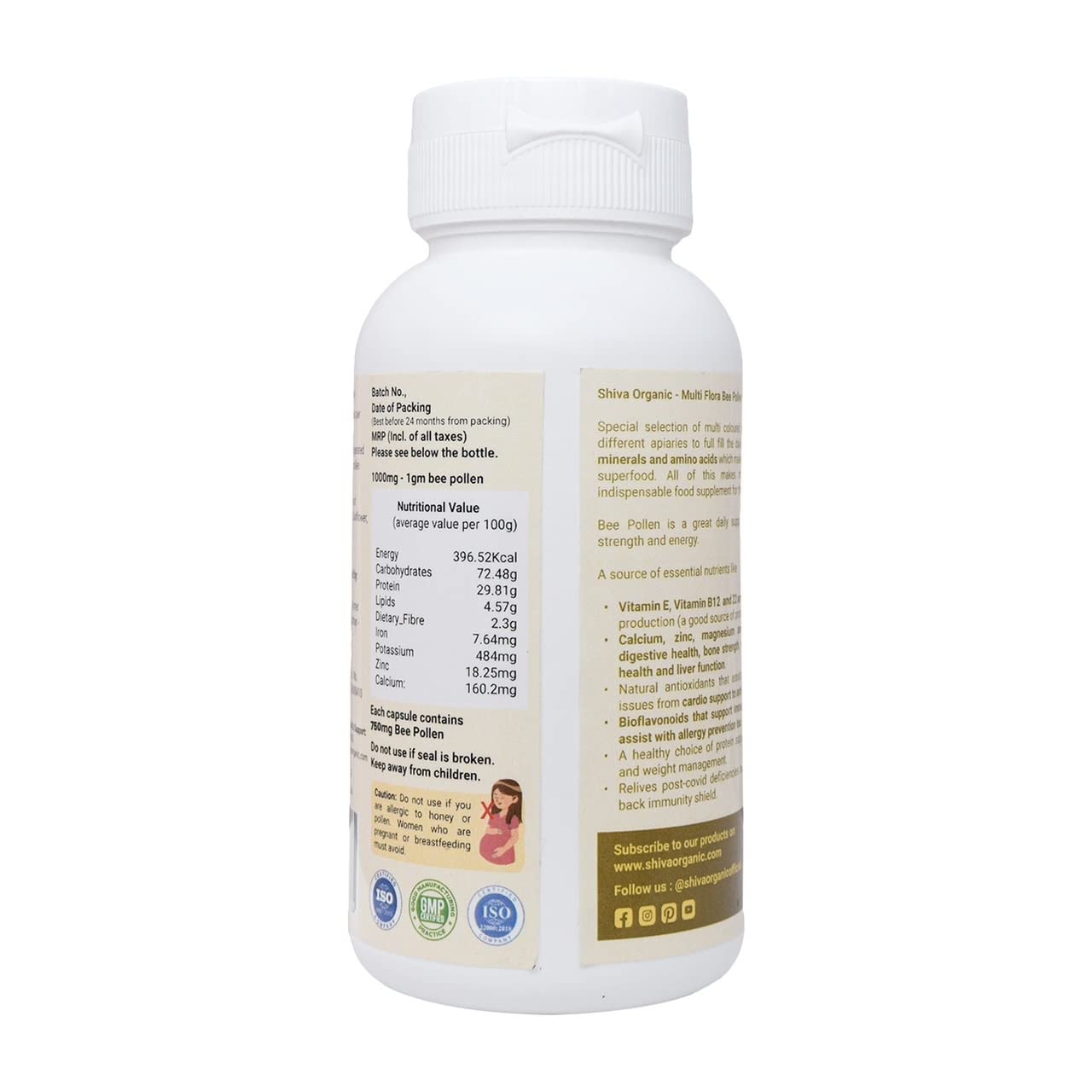 Shiva Organic Multi Flora Bee Pollen (750mg)- 100% Pure Natural, Plant-Based Protein, Immunity & Energy Booster, High in Vitamins - 100 Capsules