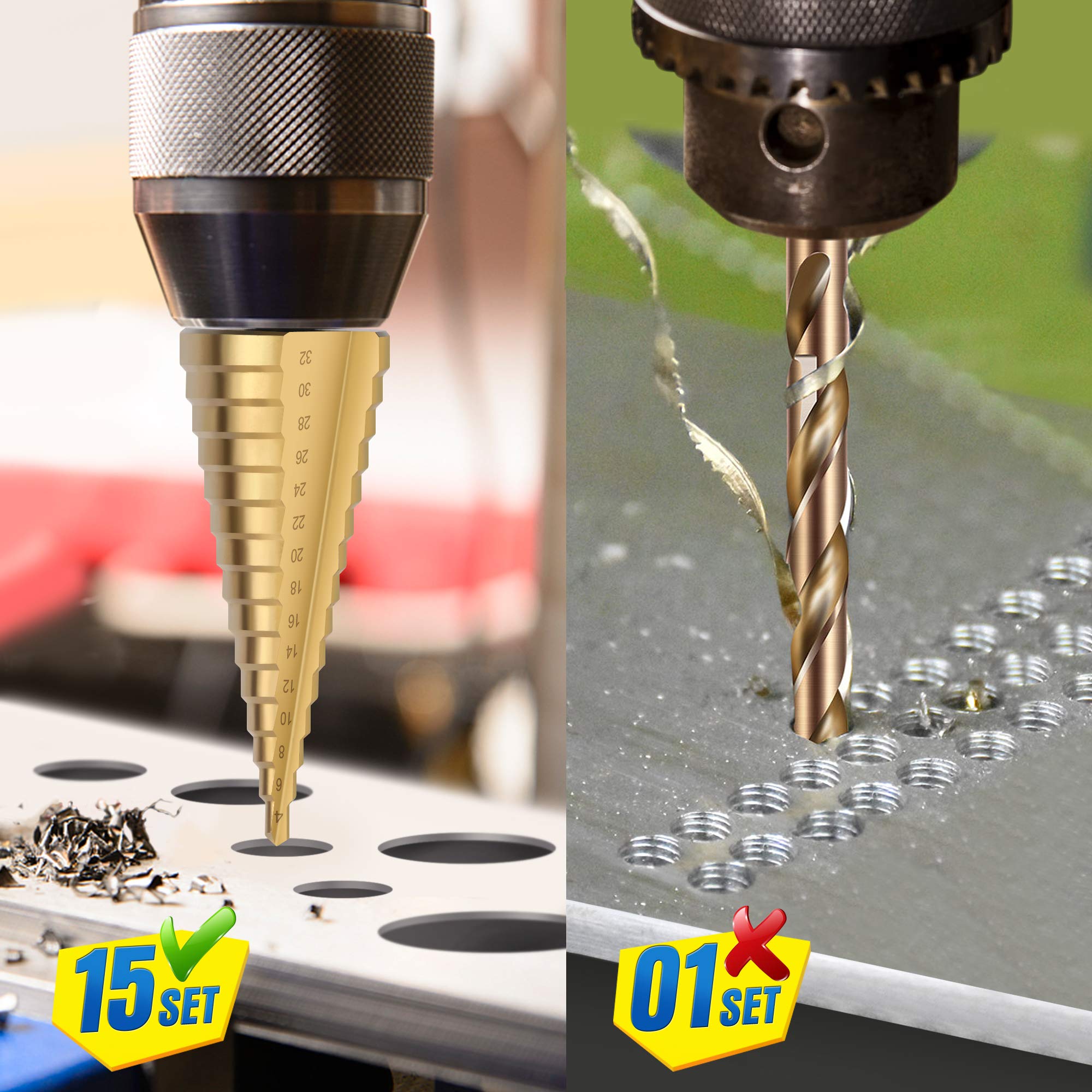 Step Drill Bit Set for Metal - JelBo 1/4inch High Speed Steel Titanium Coated Metric Straight Groove Step Drill Bits Set, Hex Shank Hss Cone Uni Bit Kit for Hole Wood(3Pcs/Set 4-12/4-20/4-32mm)