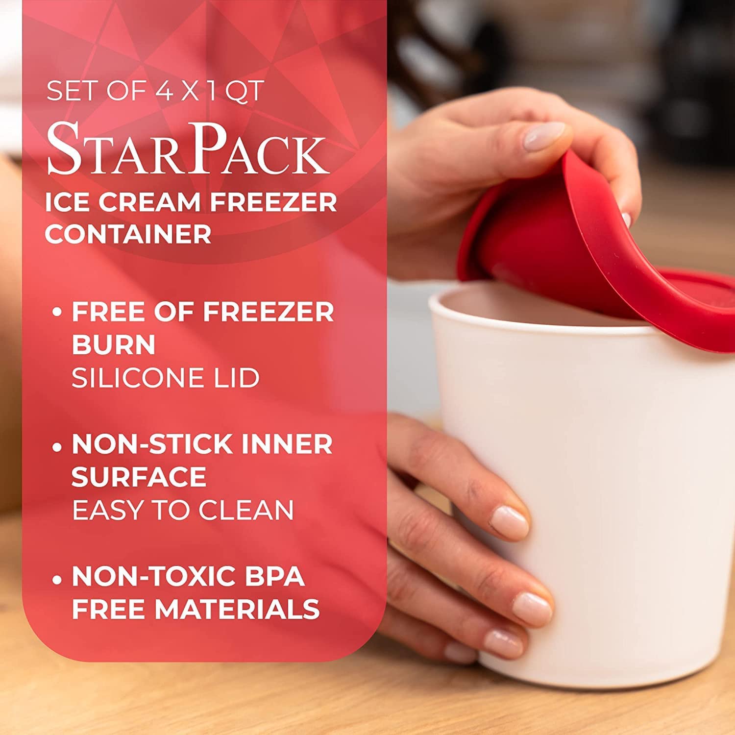 StarPack Ice Cream Containers for Homemade Ice Cream (4 Pcs) - Reusable Ice Cream Containers With Lids - No Leak & Frost Ice Cream Storage Containers For Freezer - 1 QT per Ice Cream Container