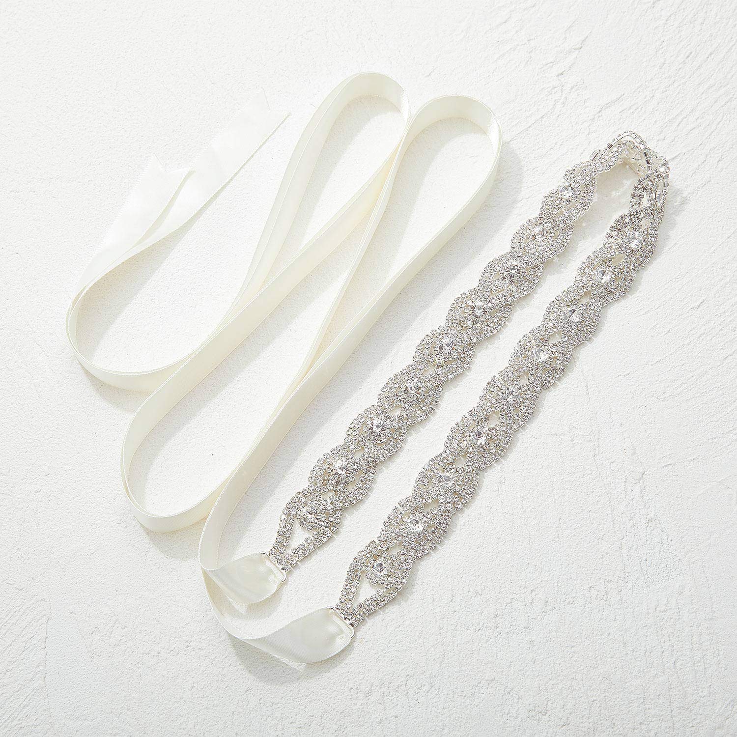 SWEETV Rhinestone Bridal Belt Crystal Wedding Dress Belt Sash Headband for Bride Bridesmaid, Silver