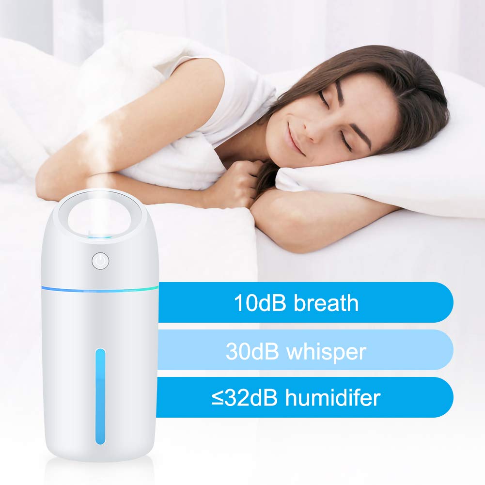 Ultrasonic Air Humidifier with 7 Colors LED, 280ml Adjustable Mist Modes, USB Rechargeable & Quiet Operation & Auto Shut-Off for Office Travel Home Baby