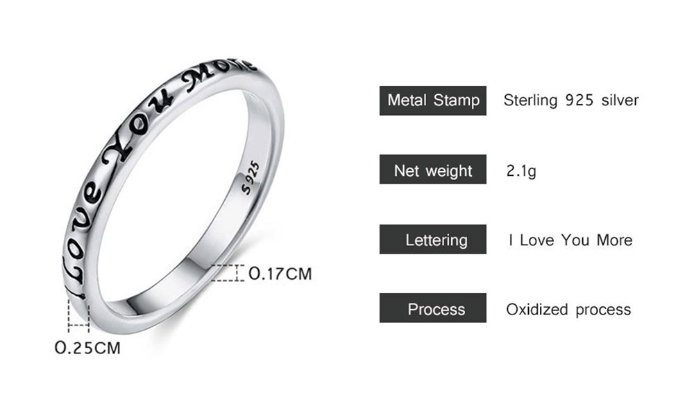 TONGZHE 3mm I Love You More Wedding Band Ring in Antique Sterling Silver 925 with US Size 6