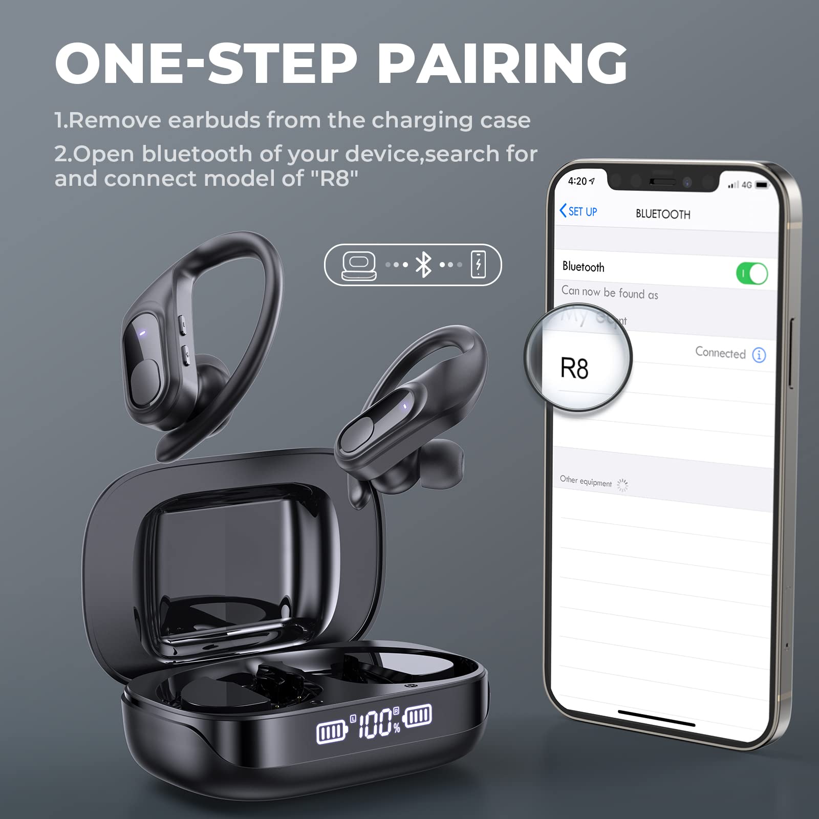 Wireless Earbuds Bluetooth 50 Hours Playtime Wireless Headphones Bluetooth 5.3 Ear Buds with Earhooks Mic LED Digital Display Charging Case in Over Ear Earphones Running Sport Earbuds Titanium black