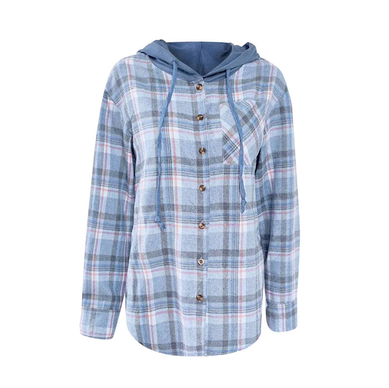 Womens Flannel Color Block Plaid Blouses Button-Down Pocket Long Sleeve Tops Plaid Jackets for Women Blue
