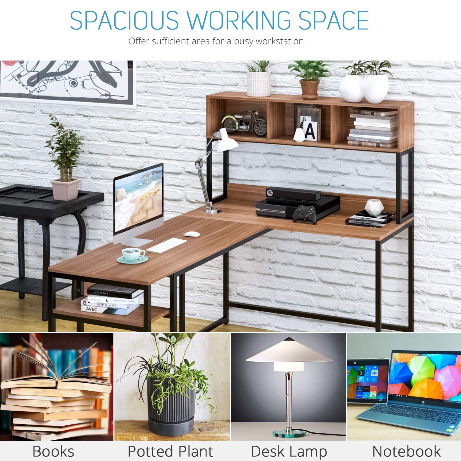 VIPEK L-Shaped Desk with Hutch, 69" Large Computer Desk Gaming Table PC Table Workstation Study Writing Table with Storage Bookshelf, Space Saving Corner Desk for Home Office, Suntalam Walnut