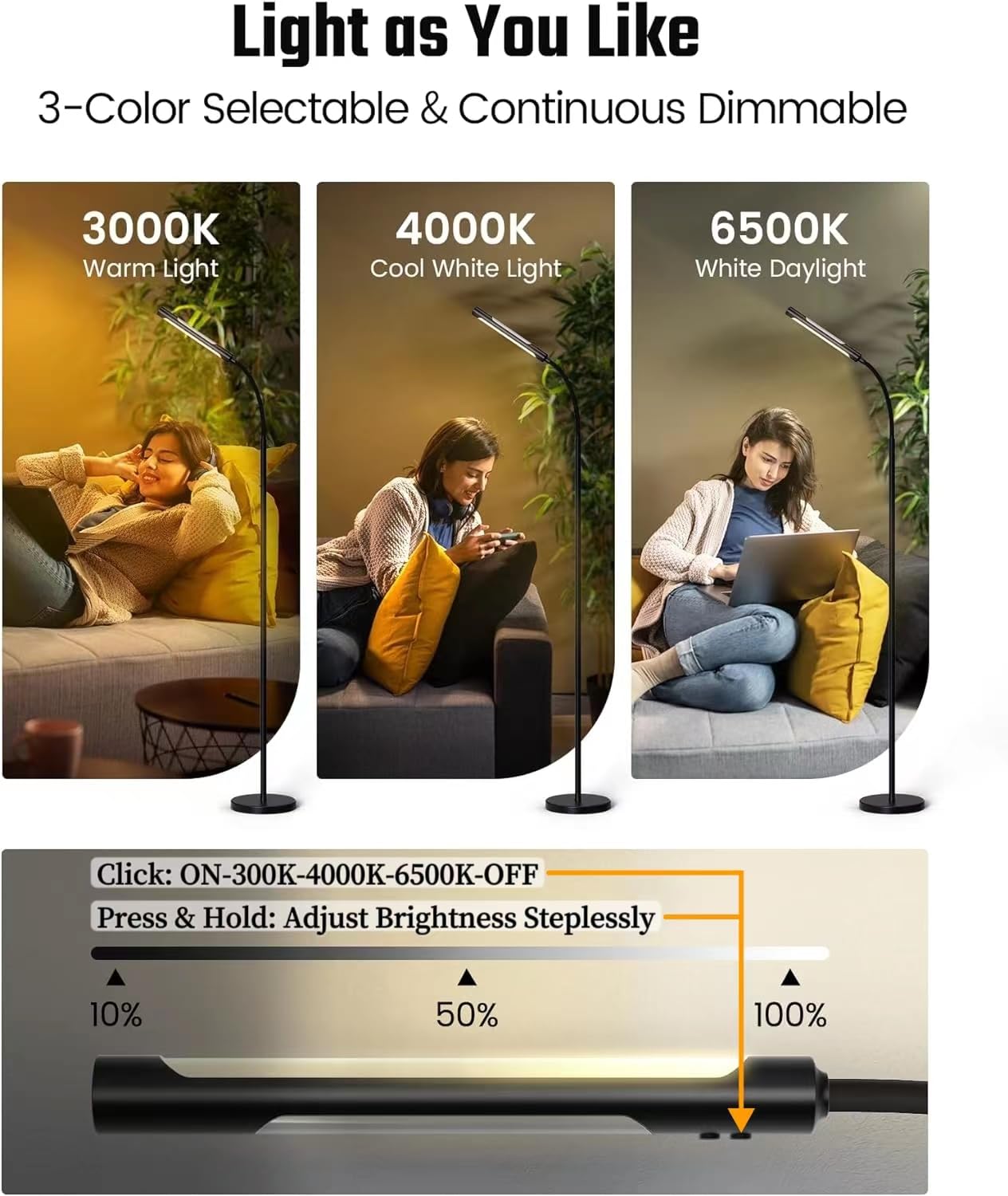 SUPERDANNY Solar Spot Lights & Double Side Floor Lamp, RGB Atmosphere & Dimmable Bright Light with 3000K-4000K-6500K Color Temps, Adjustable Gooseneck, Standing Modern Lamp for Reading, Living Room