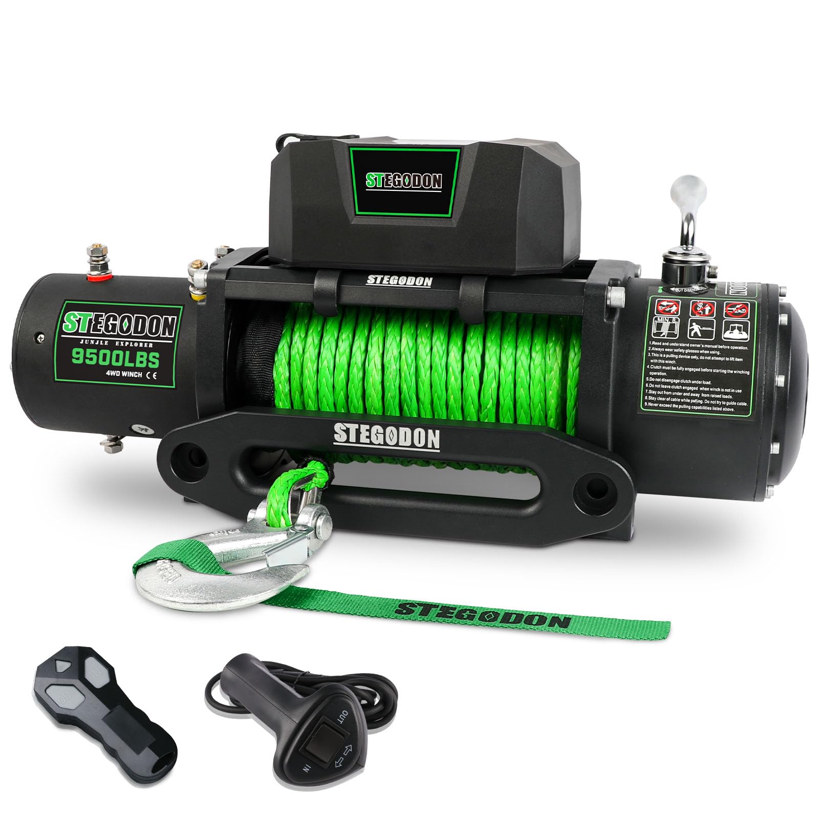 STEGODON New 9500 lb. Load Capacity Electric Winch S2,12V Waterproof IP67 Electric Winch with Hawse Fairlead, Synthetic Rope Winch with Wireless Handheld Remote and Wired Handle