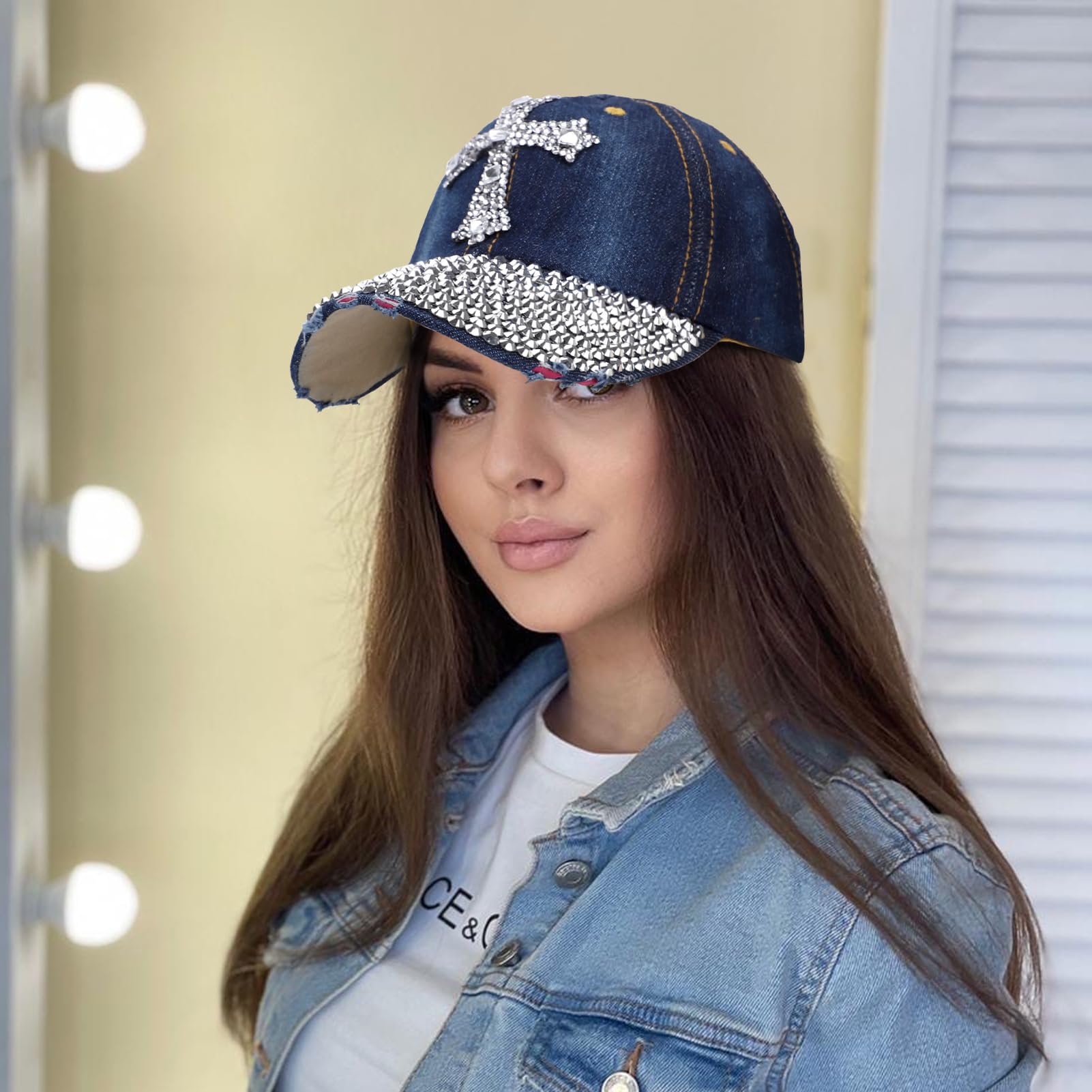 Song Qing Jean Snapback Hat Women Men Bling Cross Rhinestones Denim Baseball Cap Dark Blue