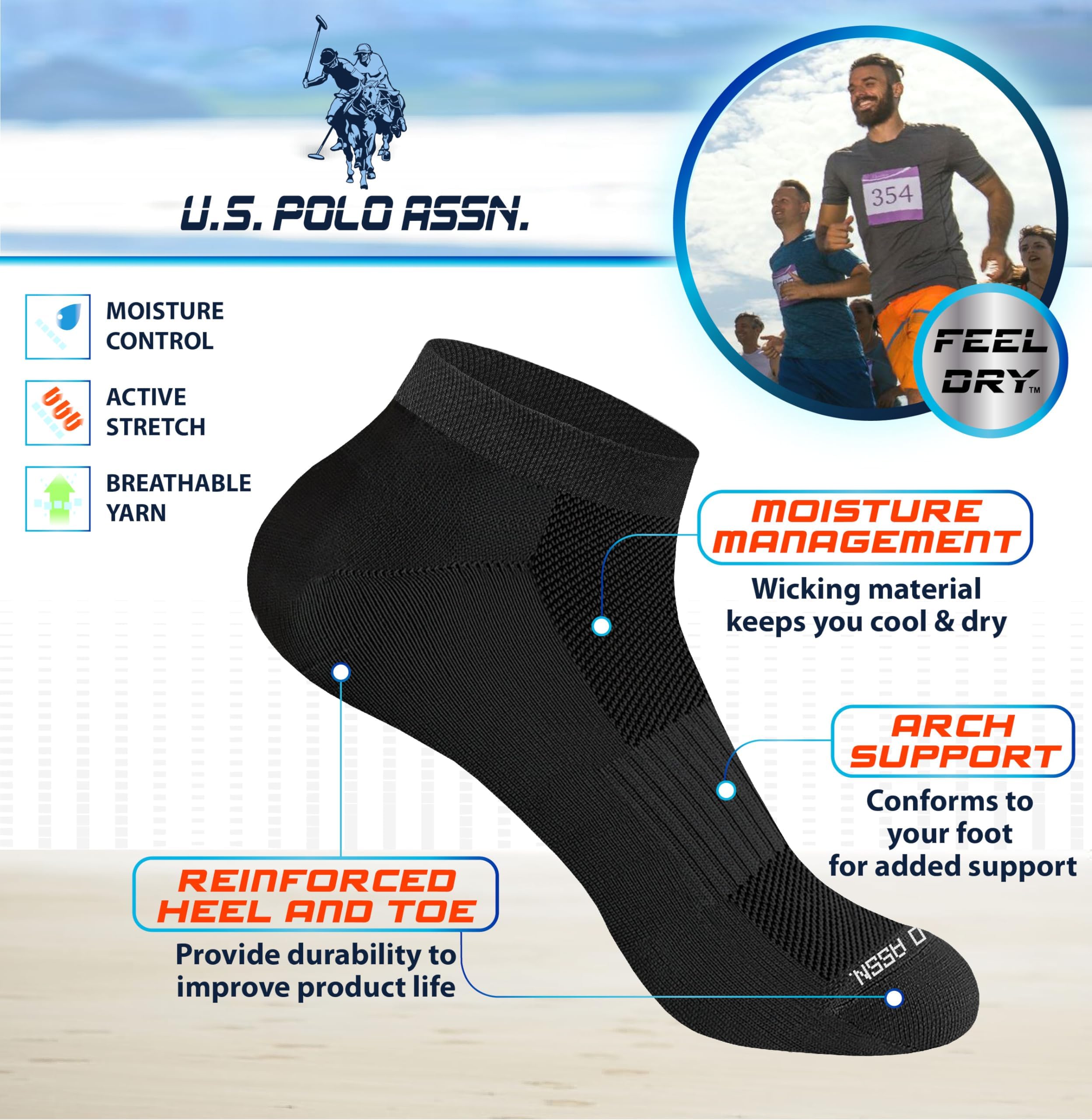 U.S. Polo Assn. 6 Pair Men's Athletic Performance Socks - Low Cut Moisture Control Breathable Socks - Comfortable Socks for Men - Odor-Resistant, Mens Socks, BLK 6027