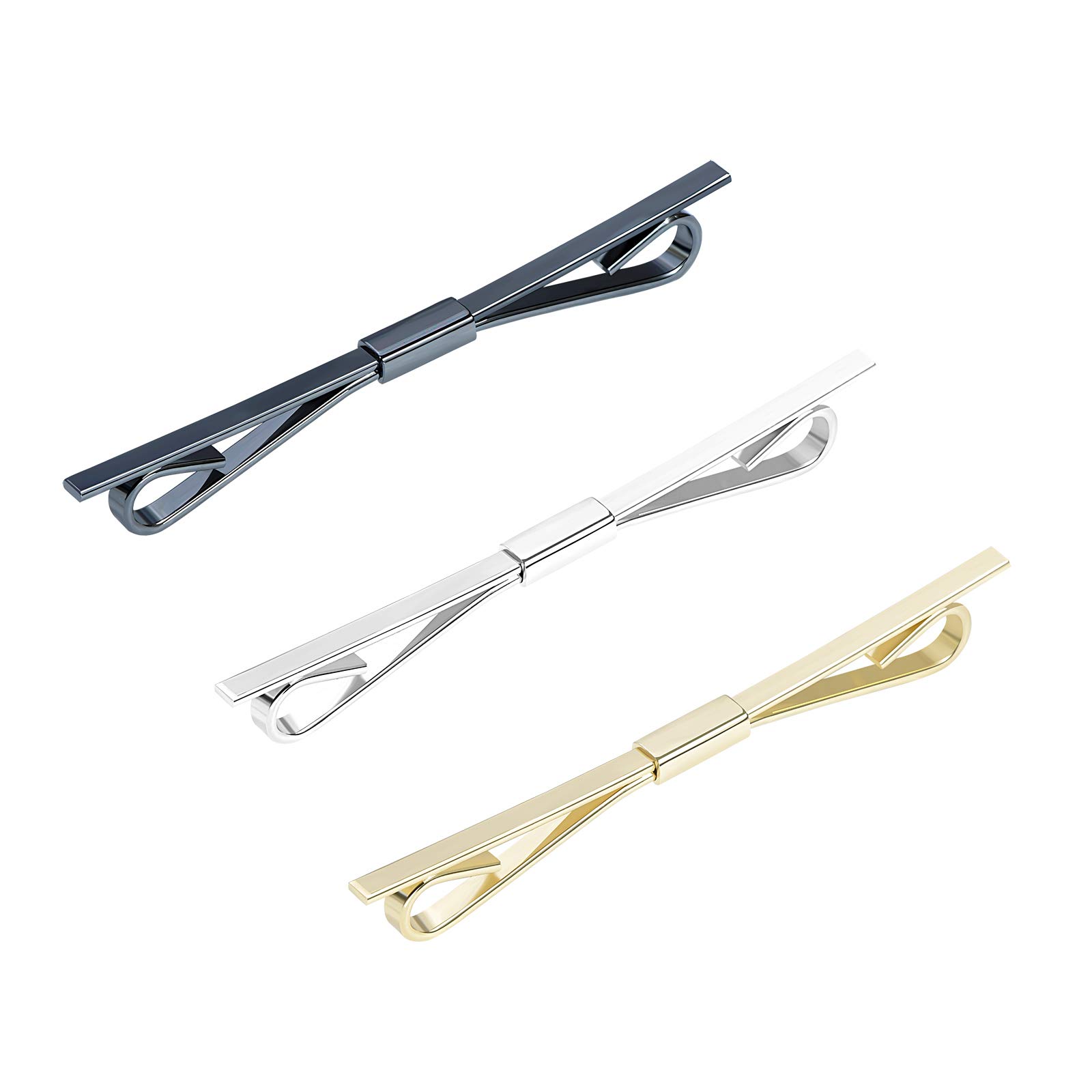 VVCome 3PCS Men's Classic Tie Clips Shirt Collar Clip Collar Bar for Necktie Gold Silver Black Tone Necktie Bar Pinch Clips Tie Pins Collar Holder (60mm Length Flat Head)