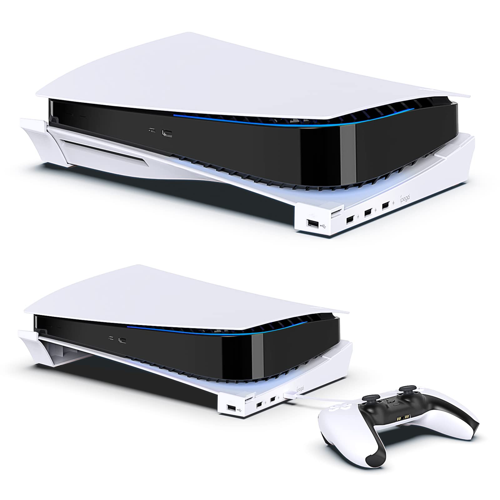 YUANHOT Horizontal Stand Accessories for PS5, Side Stand Base with USB Ports for Sync & Charge Compatible with PS5 Disc Version & Digital Editions, White