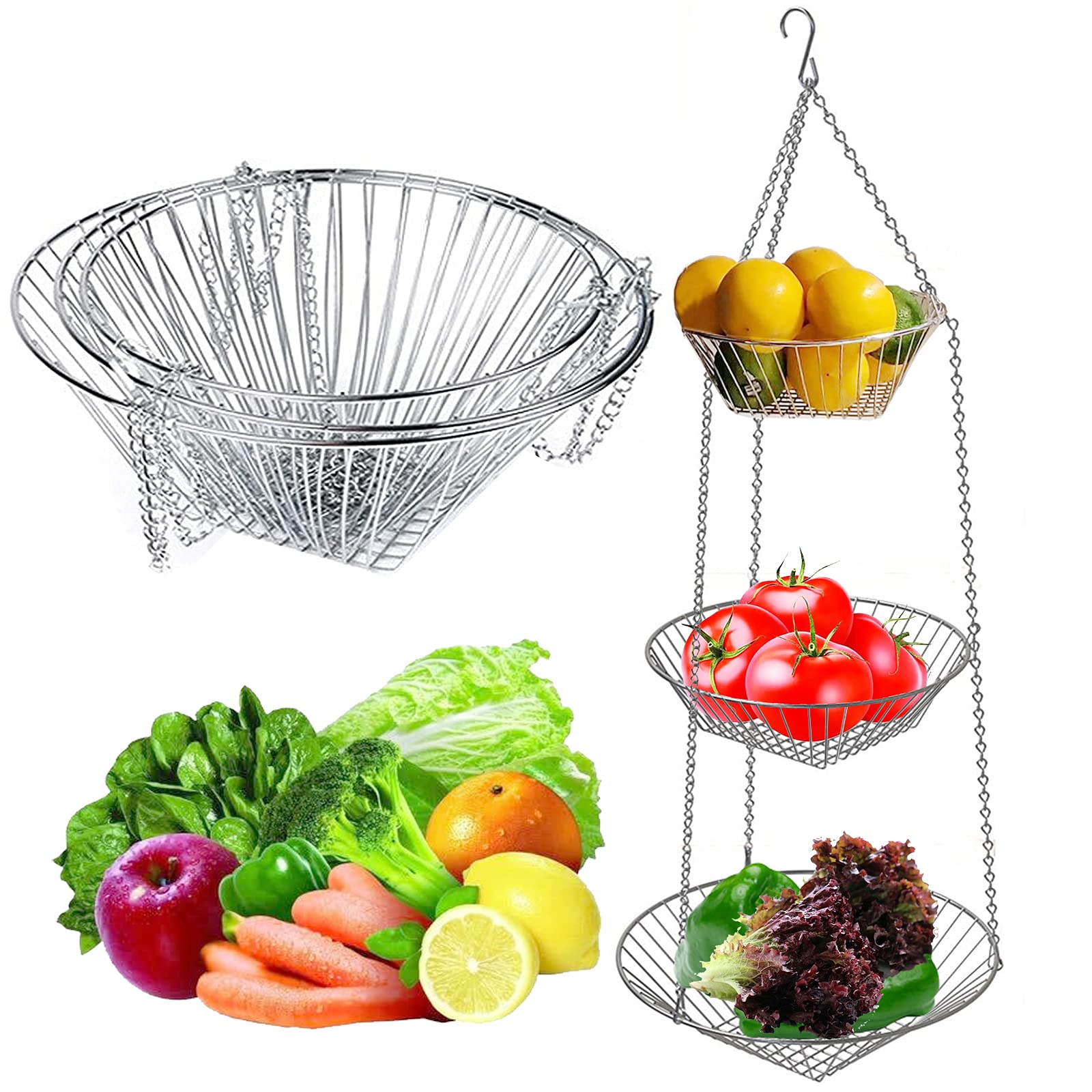 YYTONG 3 Tier Fruit Basket Hanging Heavy Duty Metal Fruit Baskets Bowl Vegetable Organizer for Kitchen, Detachable Vegetable Storage Fruit Stand Holder, Countertop Space Saver (Silver)