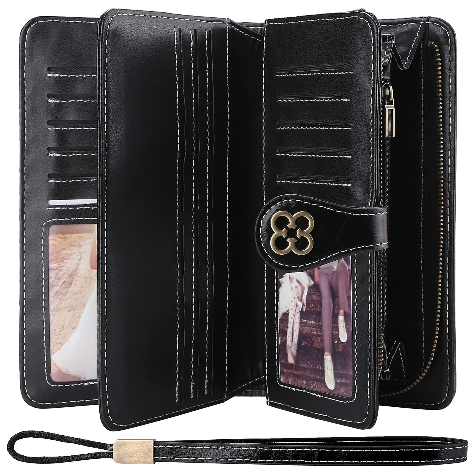 Womens Leather Wallet Ladies Wallets With Rfid Protection Black Large Capacity Trifold Change Purse Checkered Wallet Card Holder Wristlet Wallets For Women Zip Stitch Wallet