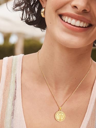 U7 Women Men 18K Gold Plated 925 Sterling Silver 1.5mm Dainty Chain & Coin Saint Benedict Pendant Necklace