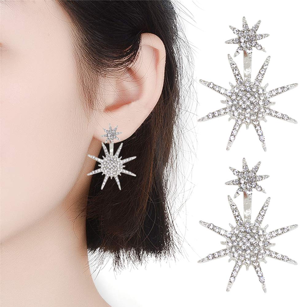 Snow Stud with Cubic Zirconia Hexagonal Star Earrings Hanging Behind The Ear