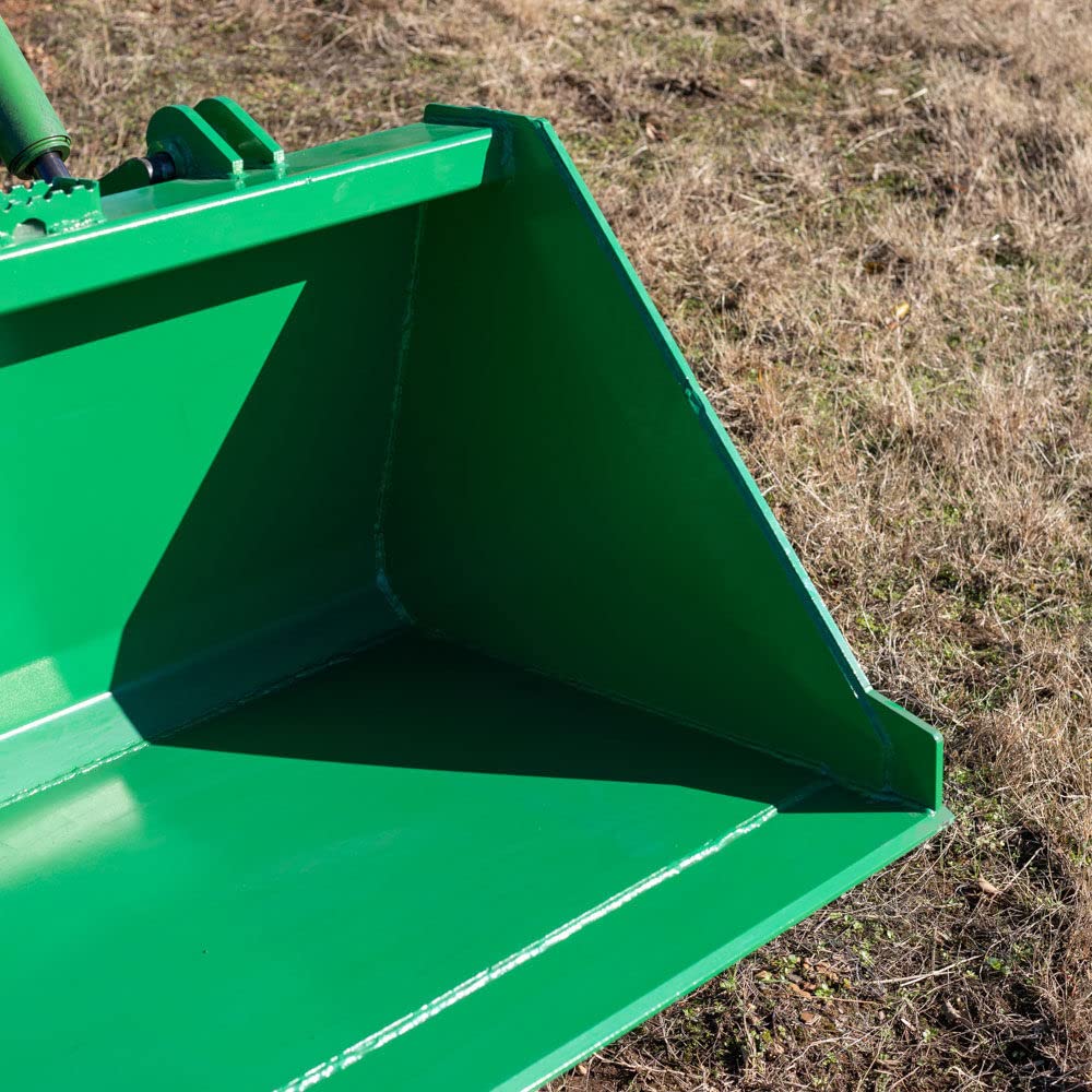 Titan Attachments 4FT Dirt Bucket Attachment Fits John Deere Hook and Pin Tractors, Low Profile Bucket for Dirt, Debris, Material Loading with Reinforced Gussets