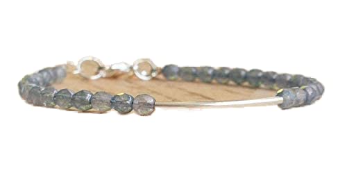 WORLD WIDE GEMS Jewelry Blue Beaded Bracelet, Sterling Silver Bar Bracelet, Stacking Minimalist Bracelet, Czech Glass Beads Bracelet, Simple Layering Bracelet