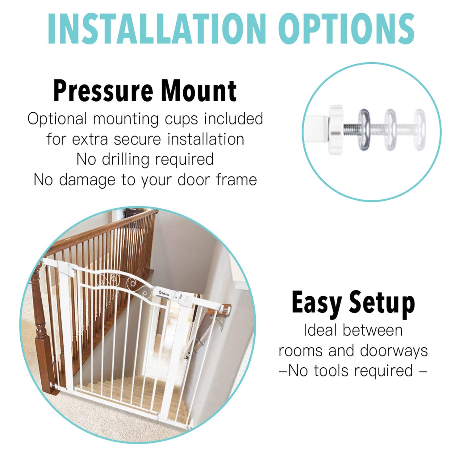 Tokkidas 40.6"-29.5" Auto Close Safety Baby Gate, Dog Gate, Durable Easy Walk Thru Child Gate for Stairs, Doorways, House, Includes 2.75" & 5.5" Extension, Pressure Mounted, NO Drilling, Arched White