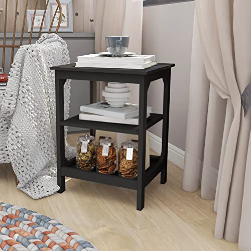 TaoHFE Black Side Table 3-Tier Narrow,Black End Table with Storage Shelves,Black Side Tables Living Room Small Bedside Stand,Wooden Nightstand,Corner Shelf,End Table for Small Spaces Bedroom Office