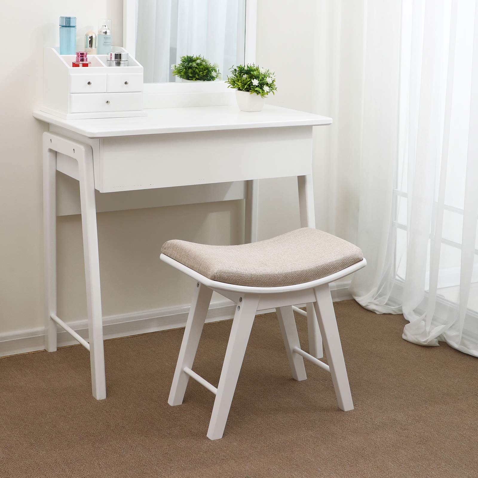 SONGMICS Vanity Stool, Modern Concave Seat Surface Makeup Dressing Stool Padded Bench with Rubberwood Legs, Capacity 286lb, Easy Assembly, White URDS51W