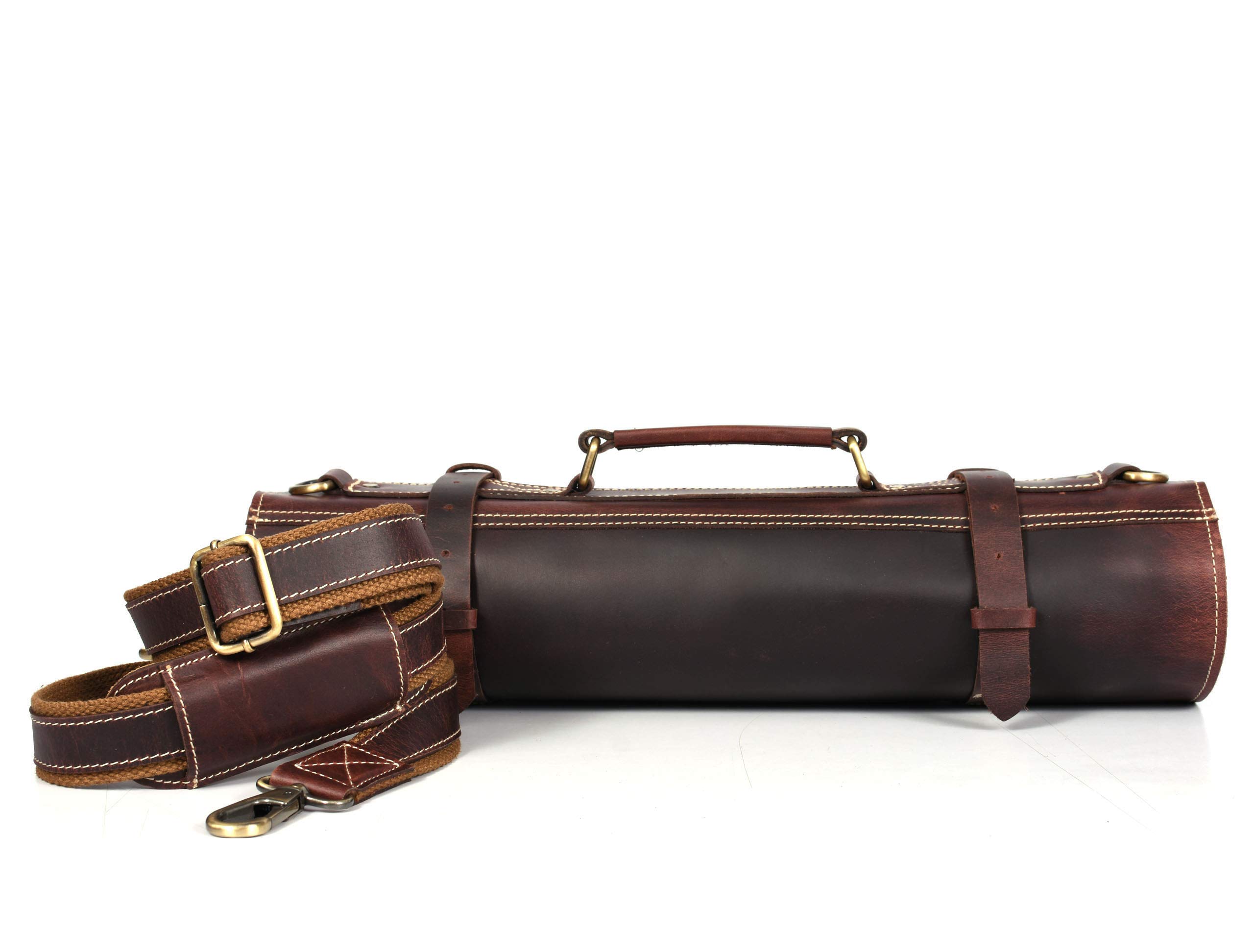 Tolredo Top Grain Buffalo Leather Chef Knife Roll Case 10 Slot and 1 Zipper Pocket for Culinary Storage Portable Bag with Detachable Shoulder Strap (Walnut, 29.5" X 20")