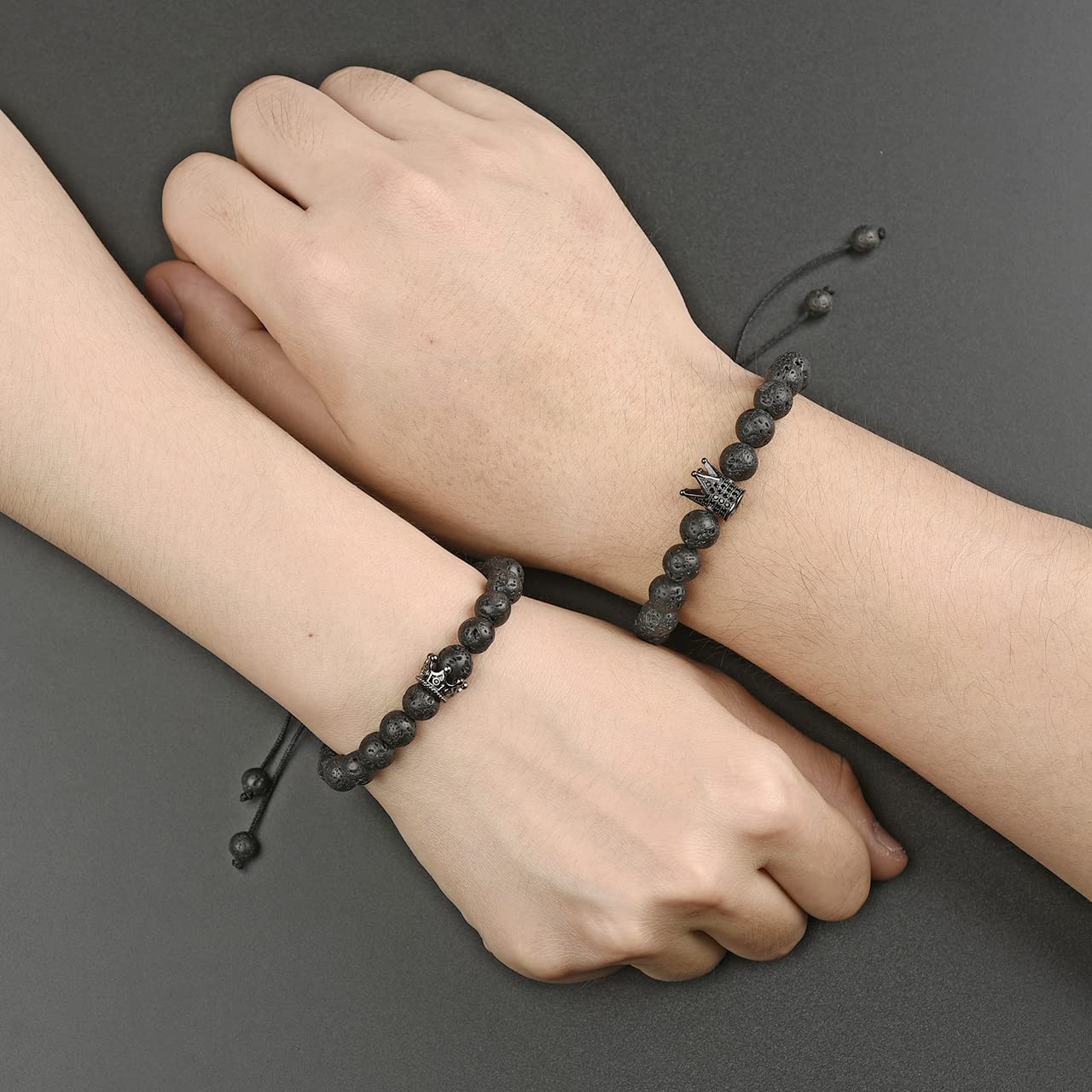 Top Plaza Couple Distance Bracelets Lava Stone Beads Essential Oil Diffuser Adjustable Bracelet with King Queen Crown Charm - 2 Pcs Black