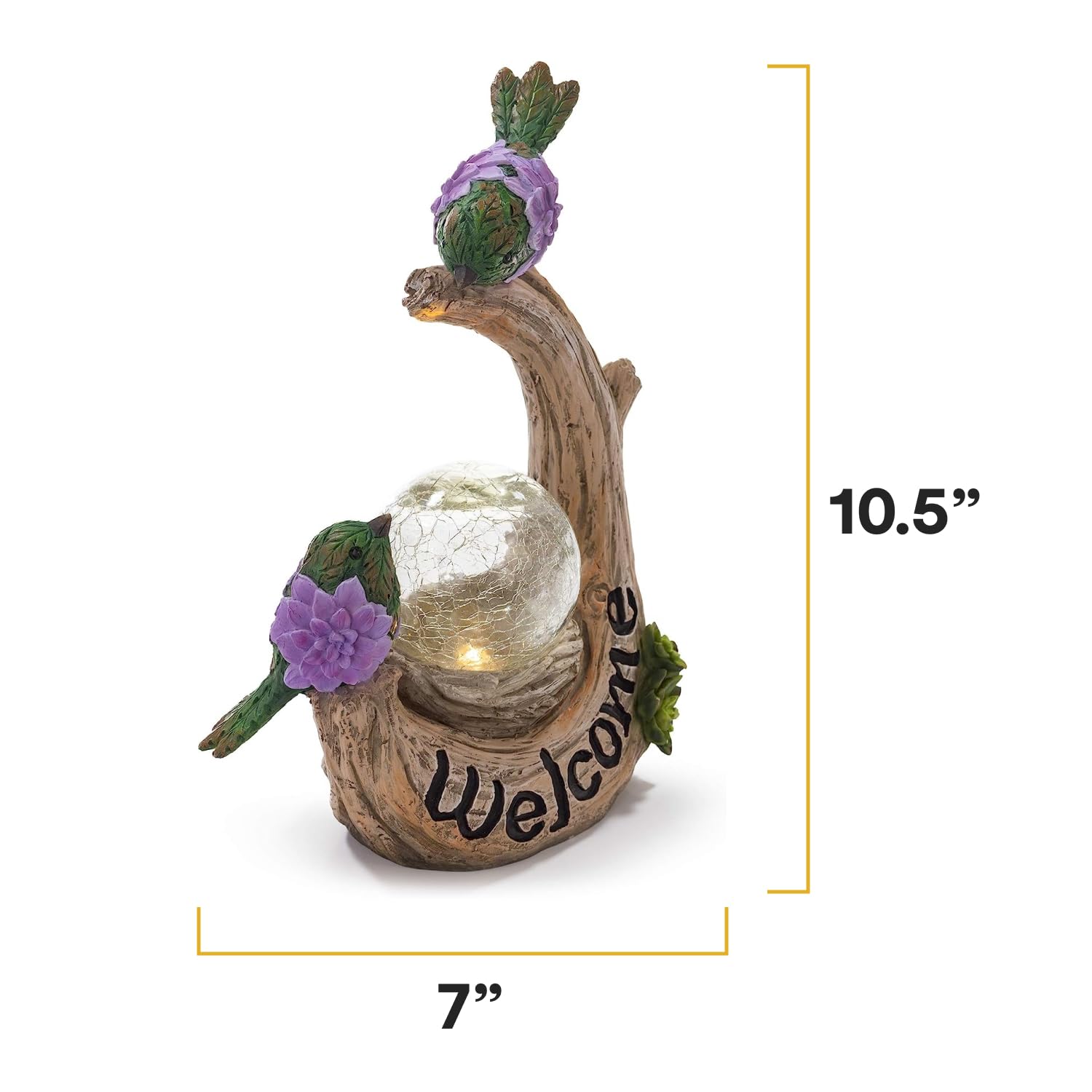 VP Home Welcome Birds Tree Trunk Solar Powered LED Outdoor Decor Garden Light with Crackled Glass Globe Welcome Birds Statues Outdoor Bird Decor Figurine Decor for Outside Patio, Yard, Lawn