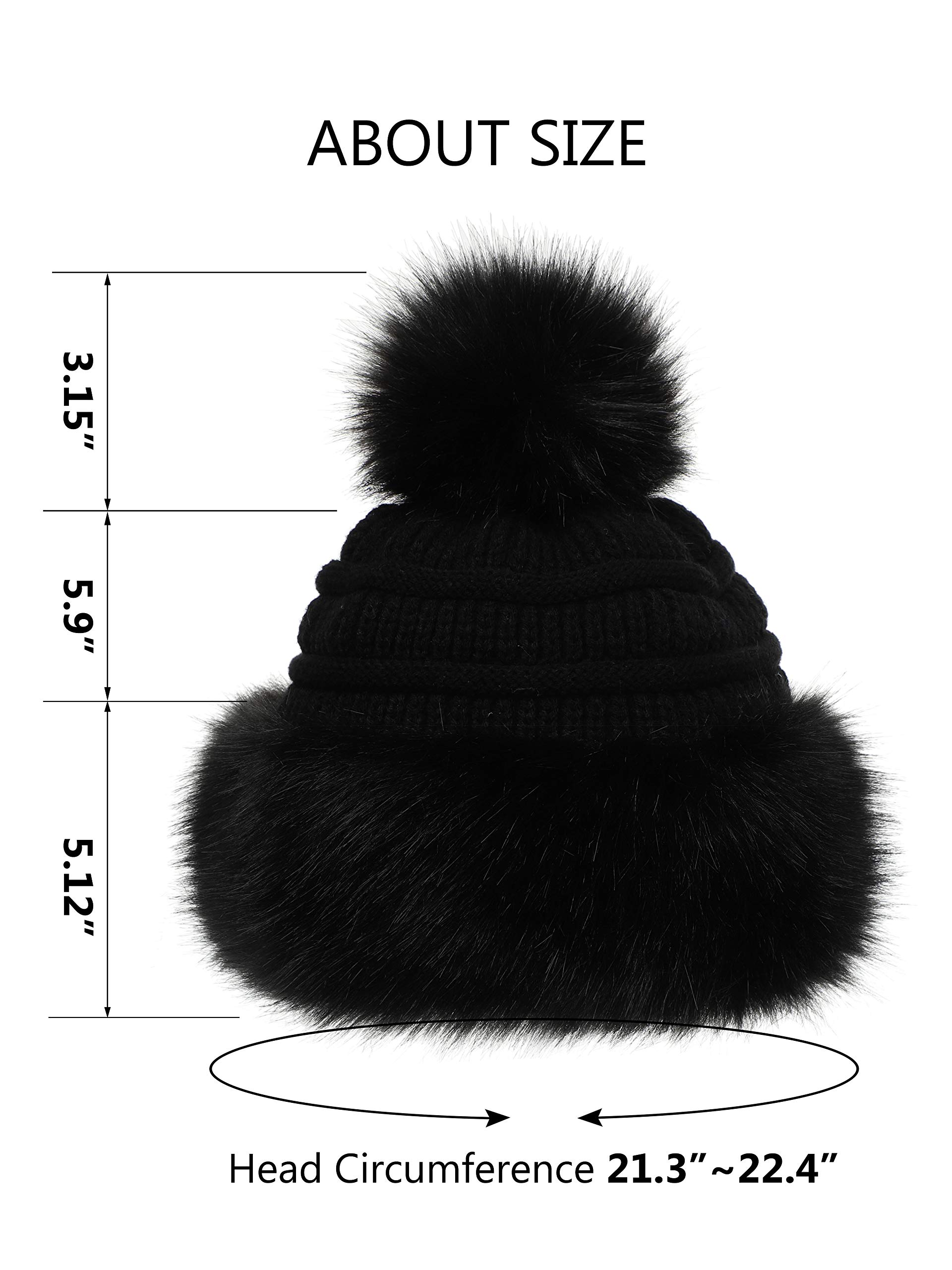Soul Young Women's Faux Fur Hat Black Russian Cossack Knit Pompom Ski Snow Cap for Winter White(One Size,Black)