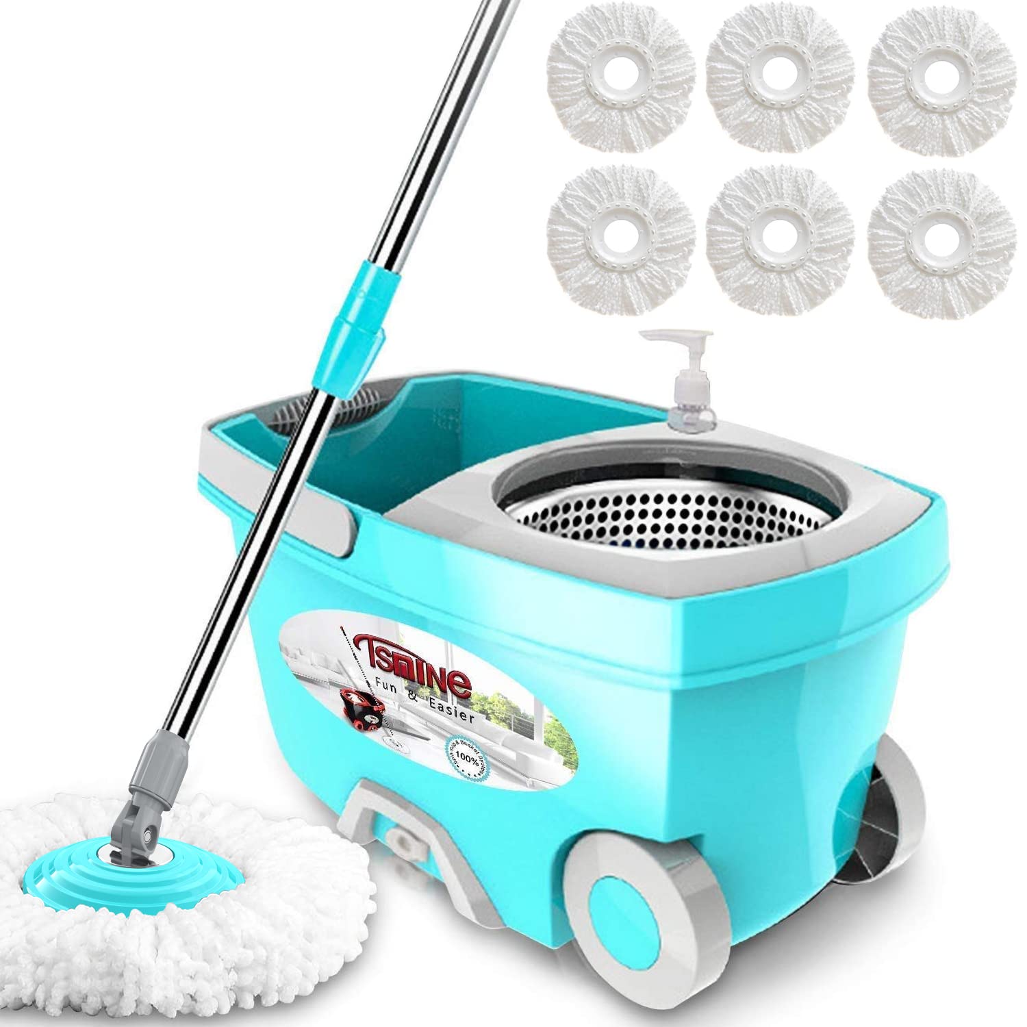 Tsmine Spin Mop Bucket System Stainless Steel Deluxe 360 Spinning Mop Bucket Floor Cleaning System with 6 Microfiber Replacement Head Refills,61" Extended Handle, 2X Wheel for Home Cleaning - MINT