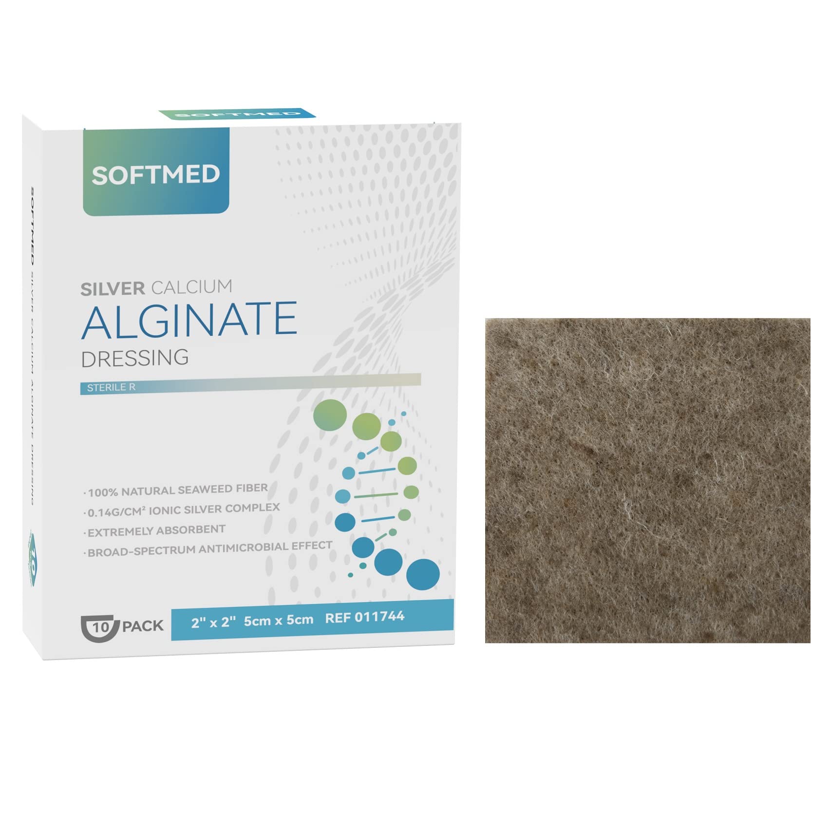 Silver Calcium Alginate Wound Dressing Sterile, 2" x 2", 10 Individual Pack, High Absorbent Calcium Algnate Fibers, Gentle to Skin and Fast Healing