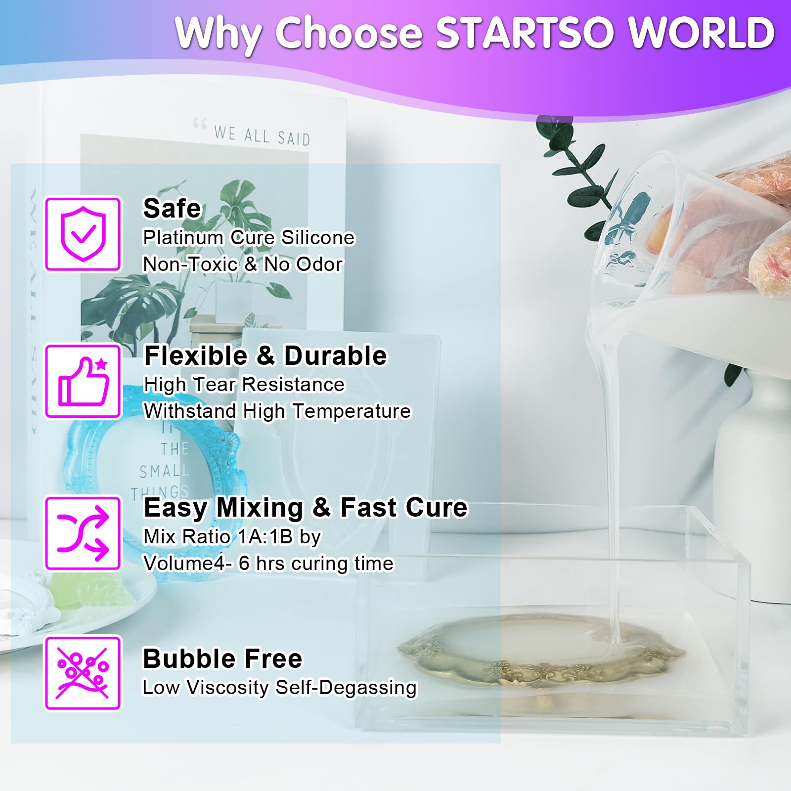 Startso World Mold Making Kit, 20A Translucent Platinum RTV-2 Liquid Silicone Rubber 21.2OZ for Casting Resin,Soap,Candle,Clay,DIY Molds-1:1 by Volume with Tool 4Cups,4 Sticks,2Droppers,1Pair Gloves