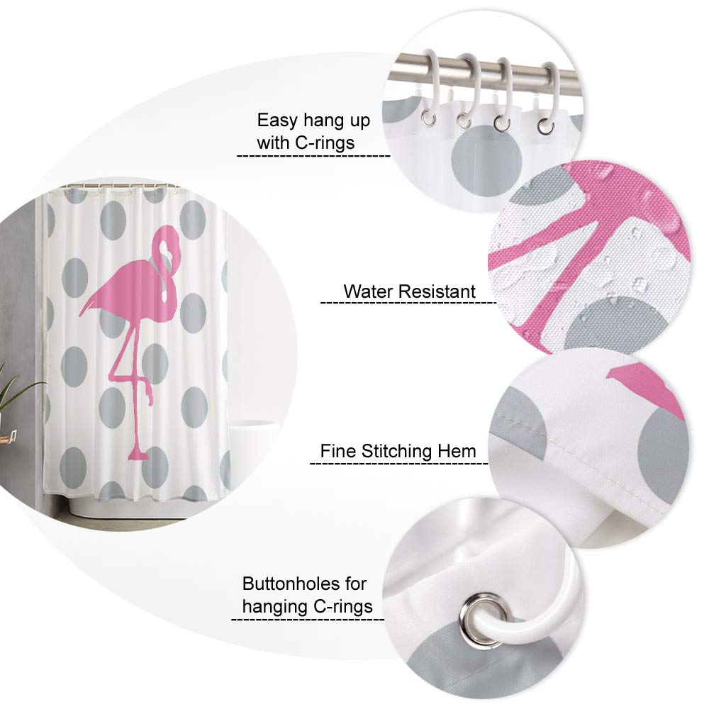Shower Curtain Sets for Bathroom Decor with 12 Hooks, Simple Hand Painted Pink Flamingo Gary Dots 72x72 Inch Bath Curtain Washable Shower Curtain for Bathtub